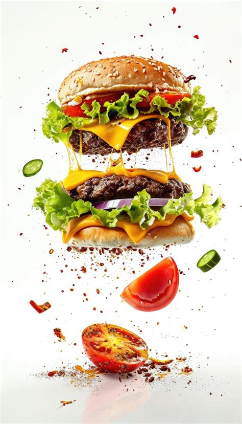 Premium Ai Image Cheese Burger Exploded View Vegetables Splash