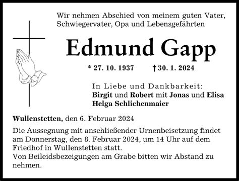 Traueranzeigen Von Edmund Gapp Augsburger Allgemeine Zeitung