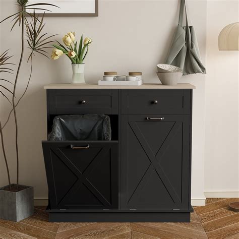 Elecwish Kitchen Double Tilt Out Trash Can Cabinet In Black
