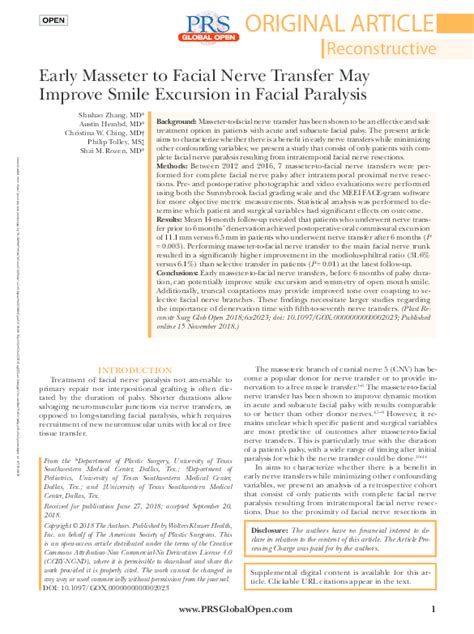 Pdf Early Masseter To Facial Nerve Transfer May Ayana Cole
