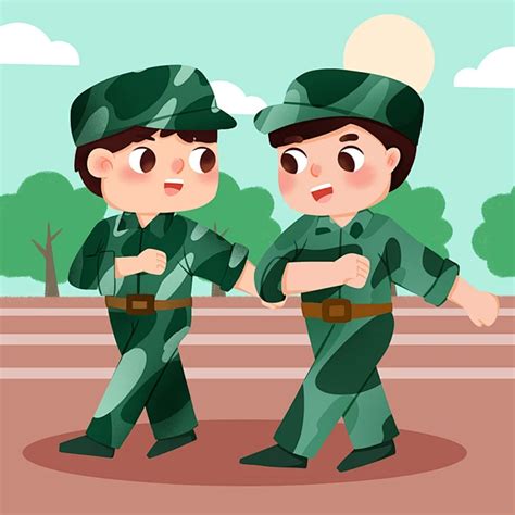 Q版军人卡通齐步走新生军训人物插画 花瓣网