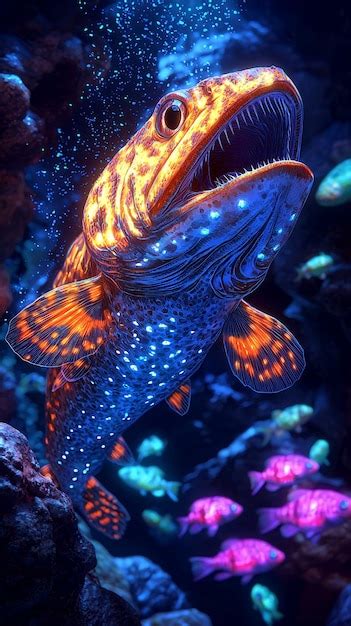 Bioluminescent Fish With Open Mouth In Underwater Scene Premium Ai