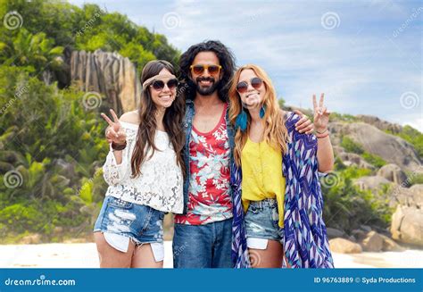 Happy Hippie Friends Showing Peace On Island Beach Stock Image Image
