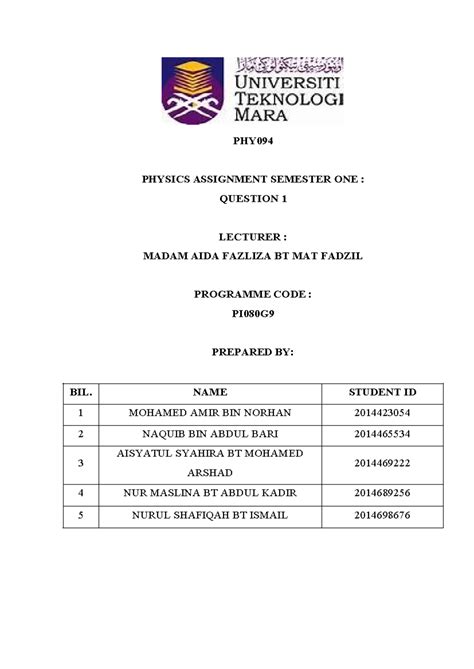 Assignment Physics Phy Physics Assignment Semester One Question 1 Lecturer Madam Aida
