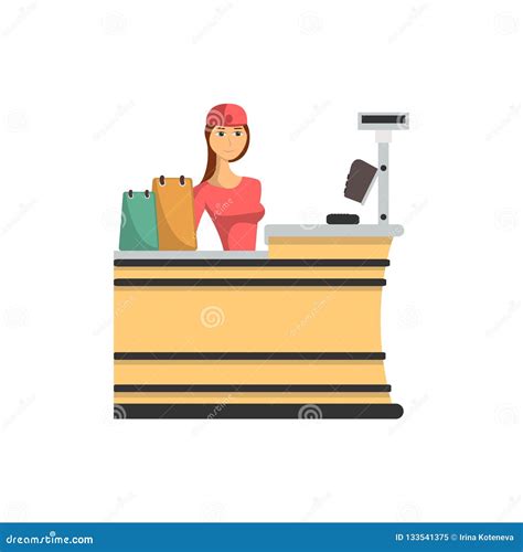 Supermarket Checkout Counter With Cashier Icon Royalty Free Cartoon