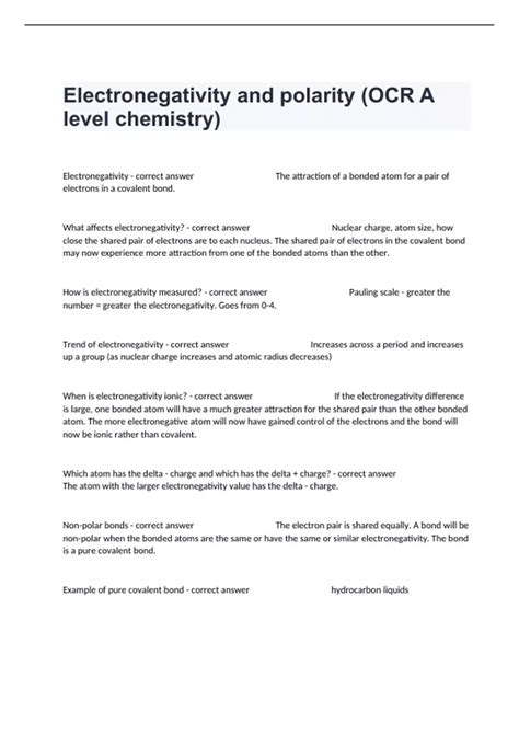 Electronegativity And Polarity Ocr A Level Chemistry Practice Exam Questions And Answers