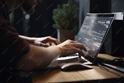 Premium Ai Image Programmer Working On Laptop In Dark Office