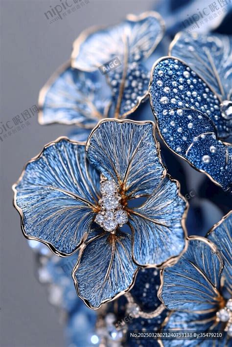 Ai创作图蓝色 珐琅 花朵 珠宝 饰品 金属 工艺 设计 钻石 装饰 细节 奢华 质感 艺术 造型 昵图网