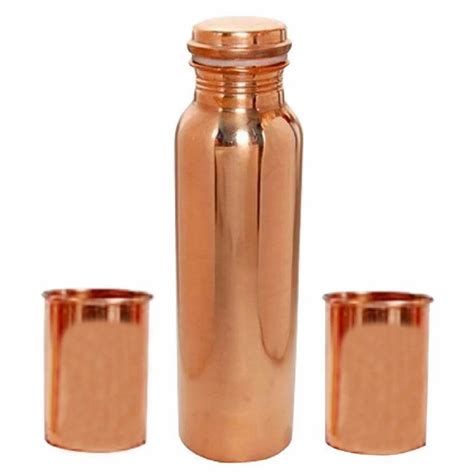 Standard Polished Copper Water Bottle With 2 Glasses Screw Cap At Rs