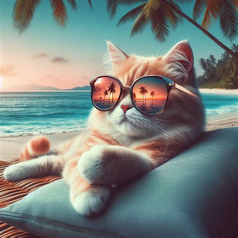 Cat Wearing Sunglasses And Sun Hat Relaxing On The Beach Image Created