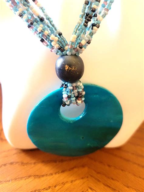 Vtg Estate Blue Beaded Multi Strand Shell Pendant Boho Jewelry Handmade
