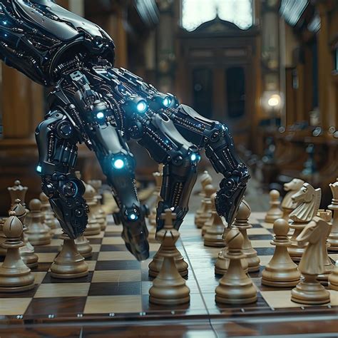 Premium Photo A Robot With Artificial Intelligence Plays Chess Hand Closeup On A Chessboard