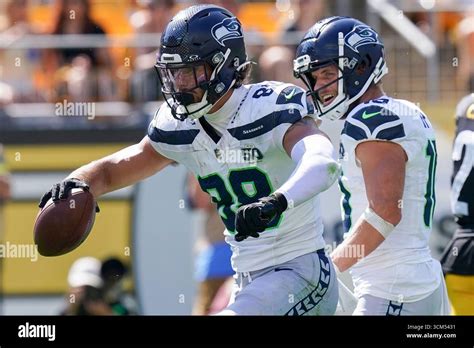Seattle Seahawks Tight End Aj Barner 88 Celebrates After Scoring A