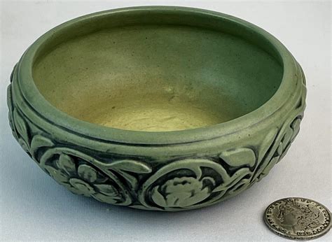 Lot Antique C 1910 Weller Pottery Burntwood Green Floral Relief Bowl