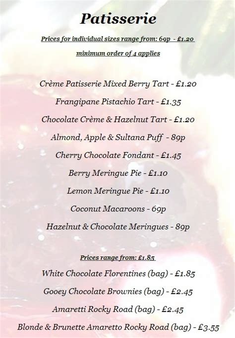 Patisserie Menu Chocolate Creme Berry Tart Coconut Macaroons