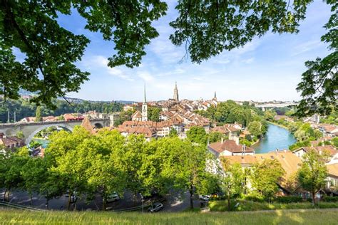 Bern City On The River Aare Old Town With Church Berner Munster In