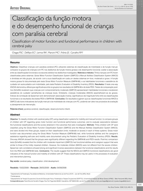 Pdf Classificação Da Função Motora E Do Desempenho Funcional De