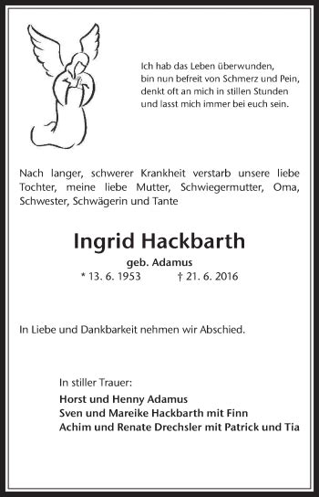 Traueranzeigen Von Ingrid Hackbarth Sich Erinnern De
