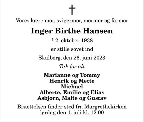 Dødsannonce For Inger Birthe Hansen Nordjyskedk