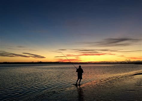 Olahraga Memancing Nelayan Sungai Siluet Matahari Terbenam