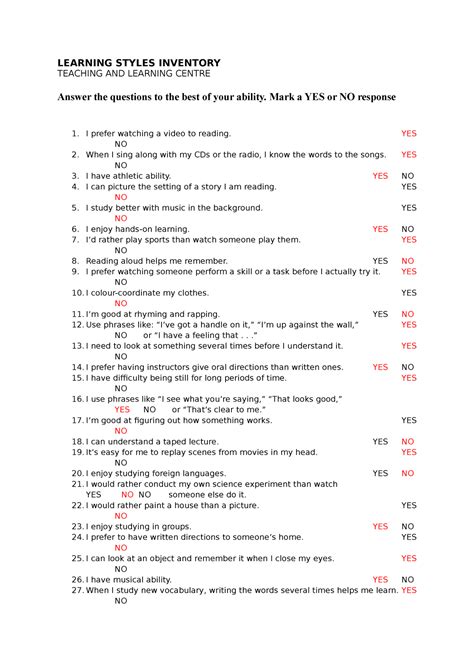 Learning Styles Inventory Learning Styles Inventory Teaching And Learning Centre