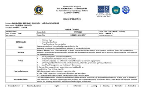 Syllabus Modern Geometry About The History Of Older Mathematician Docx