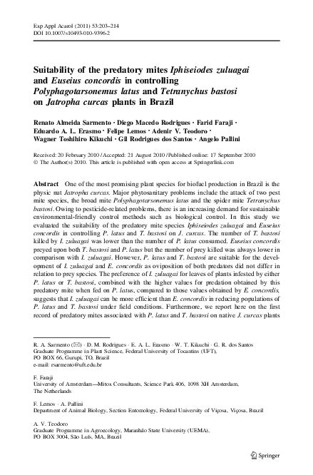Pdf Suitability Of The Predatory Mites Iphiseiodes Zuluagai And Euseius Concordis In