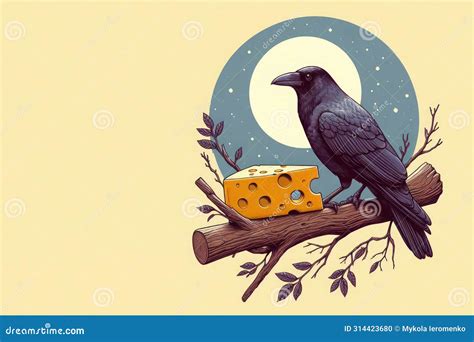 A Crow With Cheese Sitting On A Branch Space For Text Stock