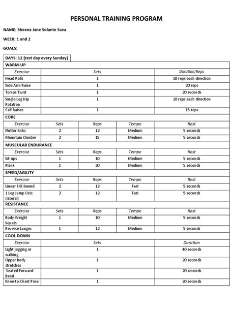 Personal Training Program Exercise Sets Pdf Physical Fitness