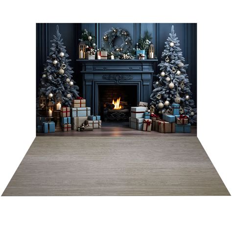 Avezano Christmas Fireplace Interior 2 Pcs Set Backdrop Holiday T