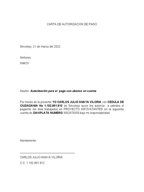 Carta De Autorizacion De Pago Pdf
