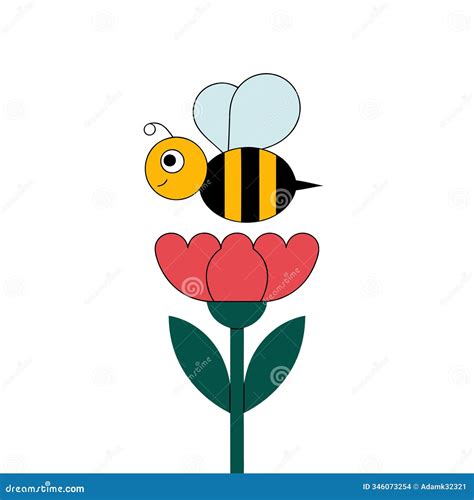 Cute Cartoon Bee Pollinating Red Flower Vector Illustration Stock