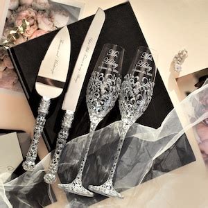 Wedding Champagne Flutes And Cake Knife Set For Bride And Groom