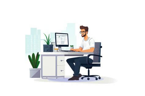 Man Sitting At Desk With Computer And Plant Generative Ai Stock Illustration Illustration Of