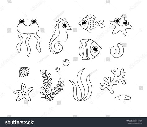 Cute Ocean Fish Seaweed Vector Colouring Stock Vector Royalty Free