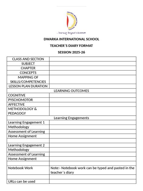 Teachers Diary Format Vi To Xii Pdf