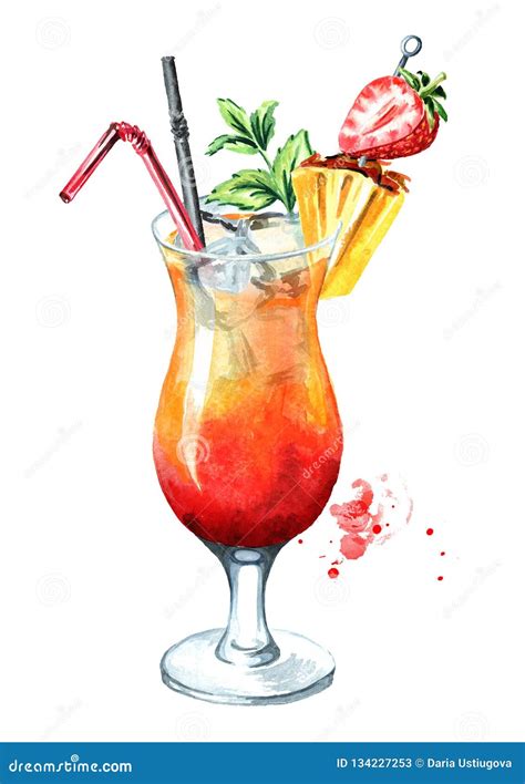 Sex On The Beach Cocktail Watercolor Hand Drawn Illustration Isolated