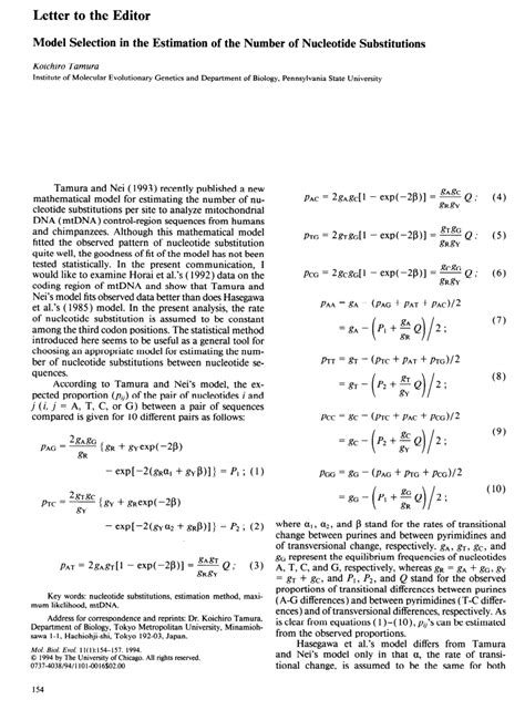 Pdf Model Selection In The Estimation Of The Number Of Nucleotide Substitutions