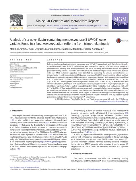 Pdf Analysis Of Six Novel Flavin Containing Monooxygenase 3 Fmo3