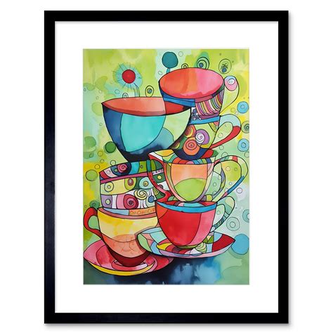Wall Art Print Abstract Tea Cups Folk Art Kitchen Artwork Framed 9x7 Inch