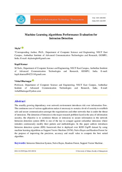 Pdf Machine Learning Algorithms Performance Evaluation For Intrusion