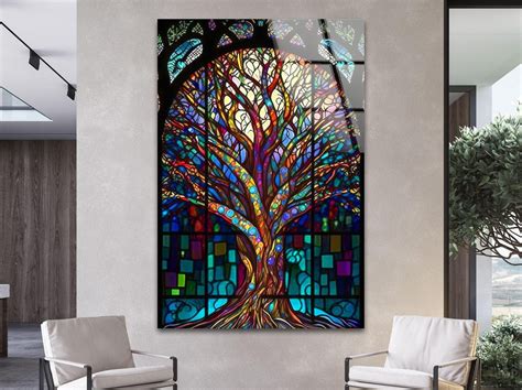 Stained Glass Tree Glass Wall Art Colorful Mosaic Tree Of Life Fantasy