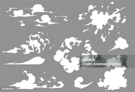 벡터 연기 특수 효과 템플릿을 설정합니다 만화 증기 구름 퍼프 안개 안개 물 수증기 또는 먼지 폭발 2d Vfx 그림 게임 인쇄