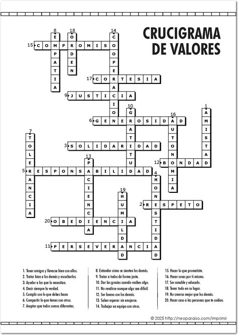 Crucigrama De Valores Para Imprimir Crucigrama Sobre Valores Para