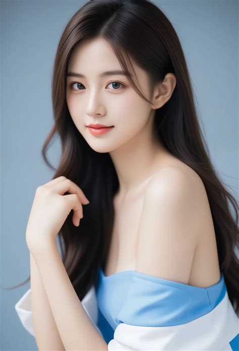 A Woman With Long Hair Wearing A Blue And White Dress Seaart Ai