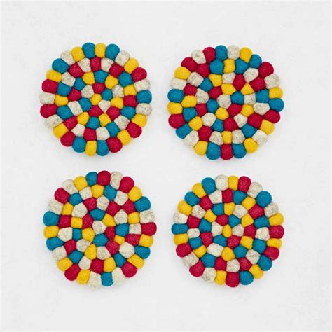 Set Of 4 Handmade Felt Ball Coasters Paper High