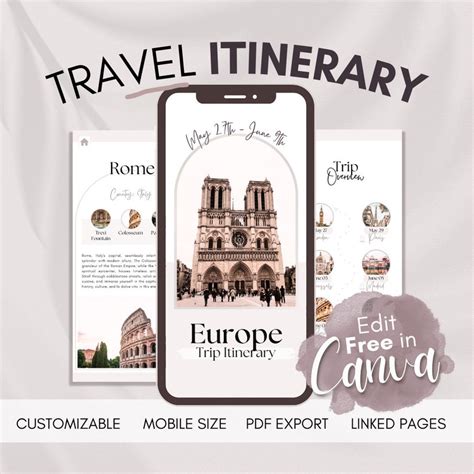 Europe Travel Itinerary Template Mobile Travel Planner Editable Canva