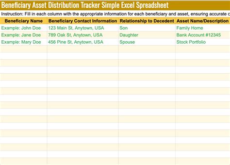 Beneficiary Asset Distribution Tracker Simple Excel Spreadsheet Small