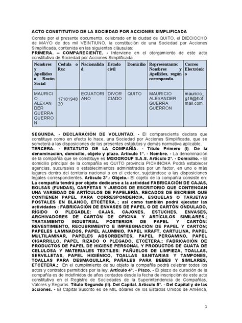 Modelo Acto Constitutivo Sas Pdf Empresas Business