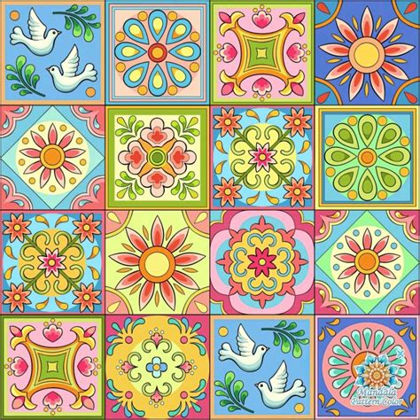 Colorful Tile Pattern With Flowers And Doves